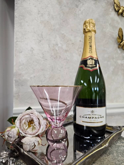 Set of 4 Gold Rim Rose Tint Bobble-bottom Martini Glasses - Vintage Charm